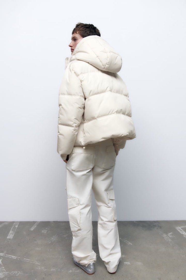 Zara Puffer Jacket Coat with Hood in Cream, Women's Fashion, Coats ...