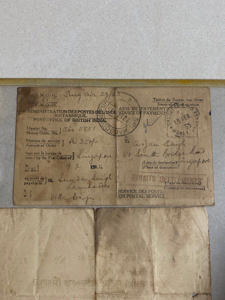 1930s Vintage Singapore Postal Service Money Order & Sikh Payment Notes ...
