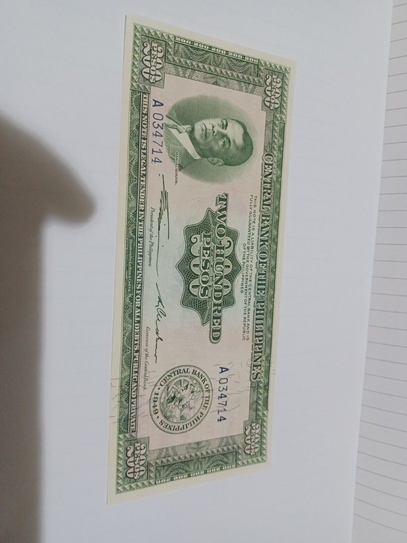 1949 Two Hundred Pesos (200) CBP English Series Version with Manuel L ...