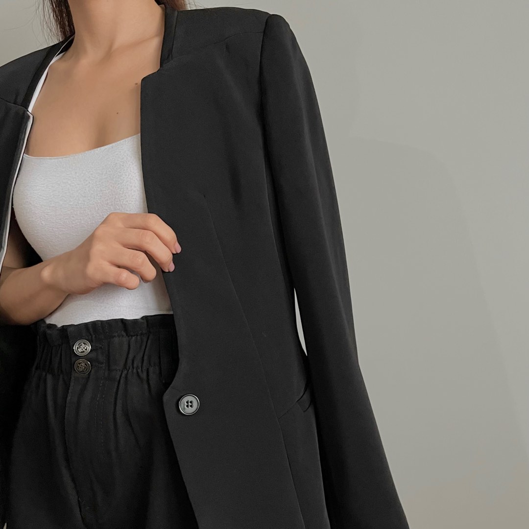 A109 Black Colarless Blazer, Women's Fashion, Coats, Jackets and ...