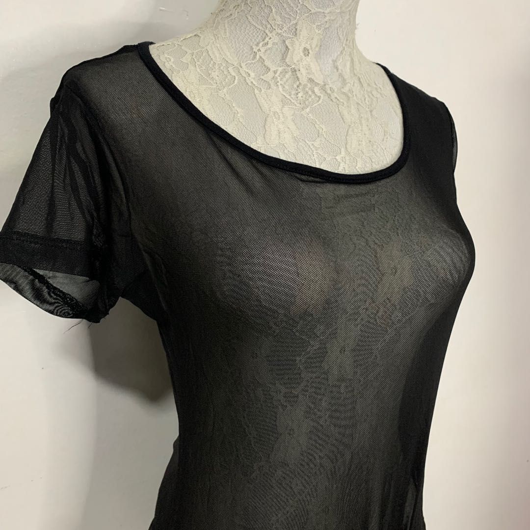 GLITZ black mesh sheer see through shirt bodysuit, Women's Fashion ...