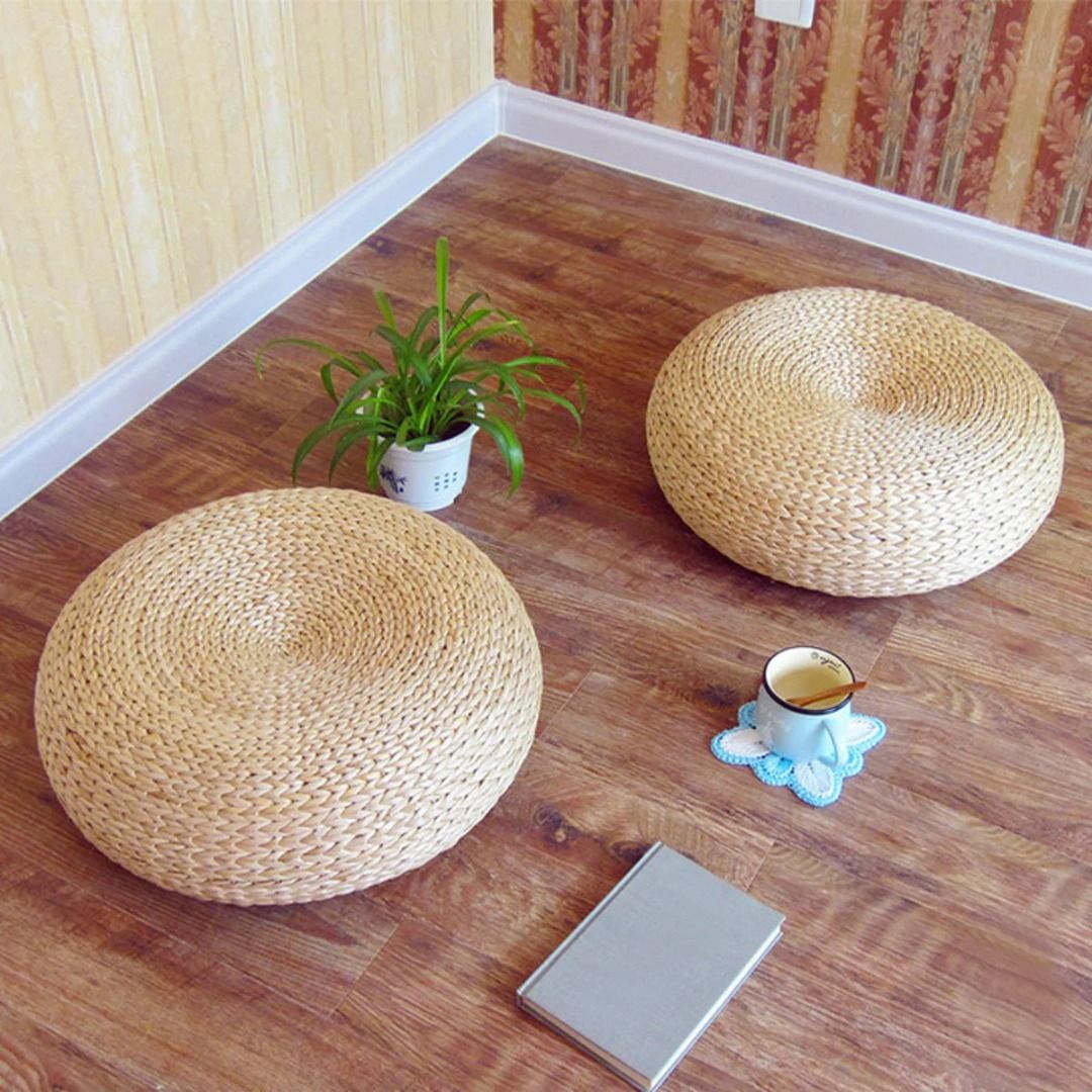 Nashi Rattan Straw Round Floor Seat Cushion Weaved Rope Steel Frame ...