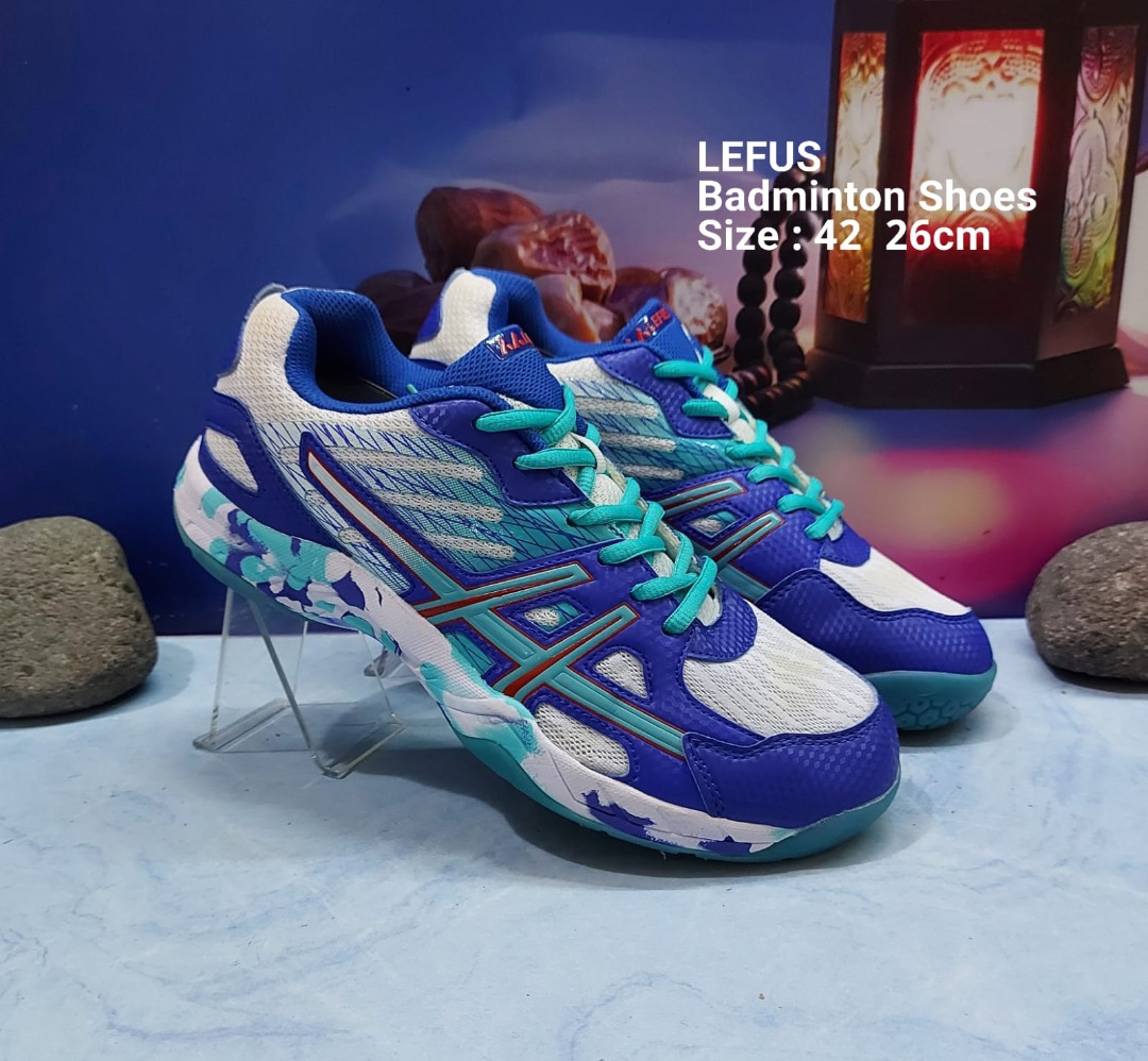 Sepatu Badminton Lefus White Blue Ukuran 42, Fesyen Pria, Sepatu ...