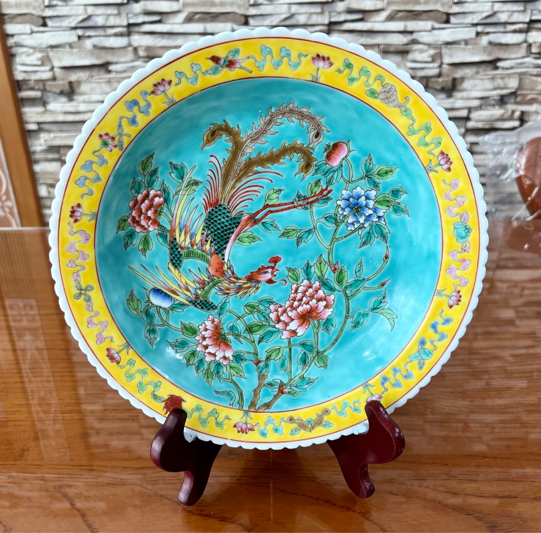 Vintage Peranakan large plate with phoenix and peony design, Hobbies ...