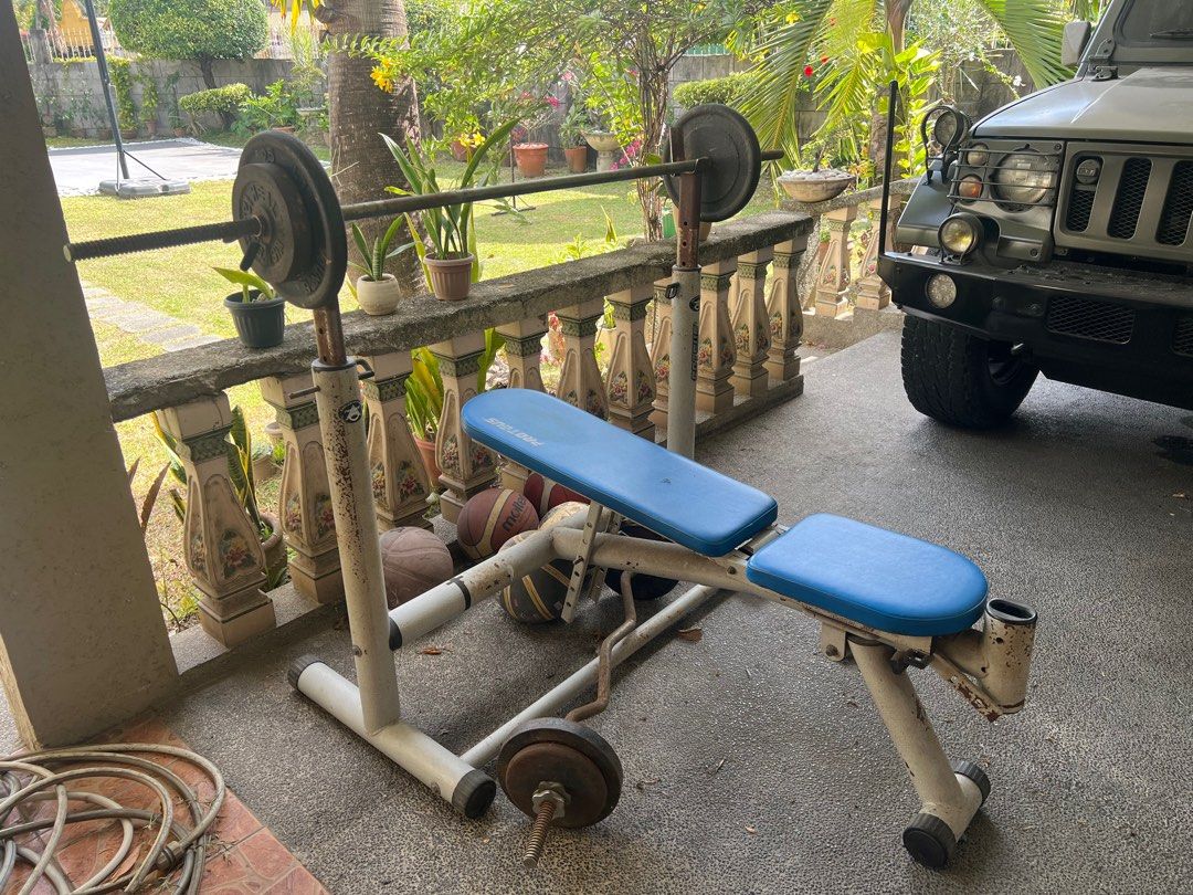 BENCH PRESS + BARBELL + CURL BAR + WEIGHTS, Sports Equipment, Exercise ...