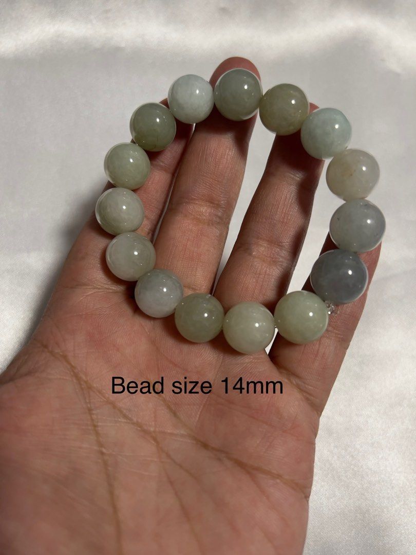 Burmese Jadeite Type A White Green Translucent Jade Bead Bracelet (14mm ...