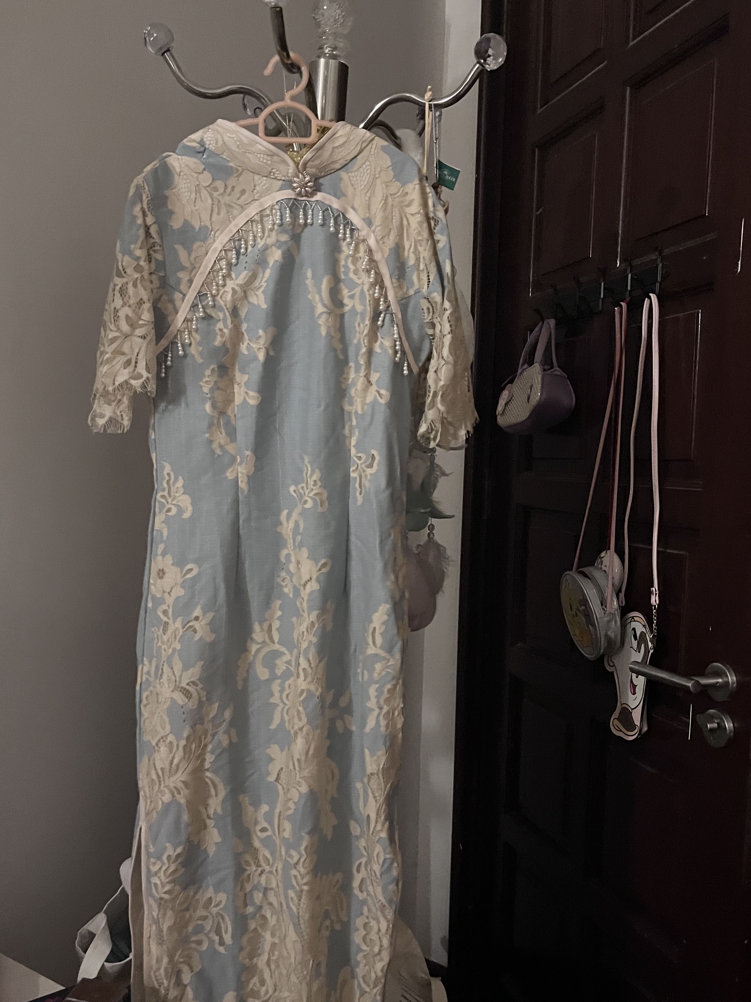 Cheongsam / qipao blue and cream beige with pearls and diamonds, Women ...