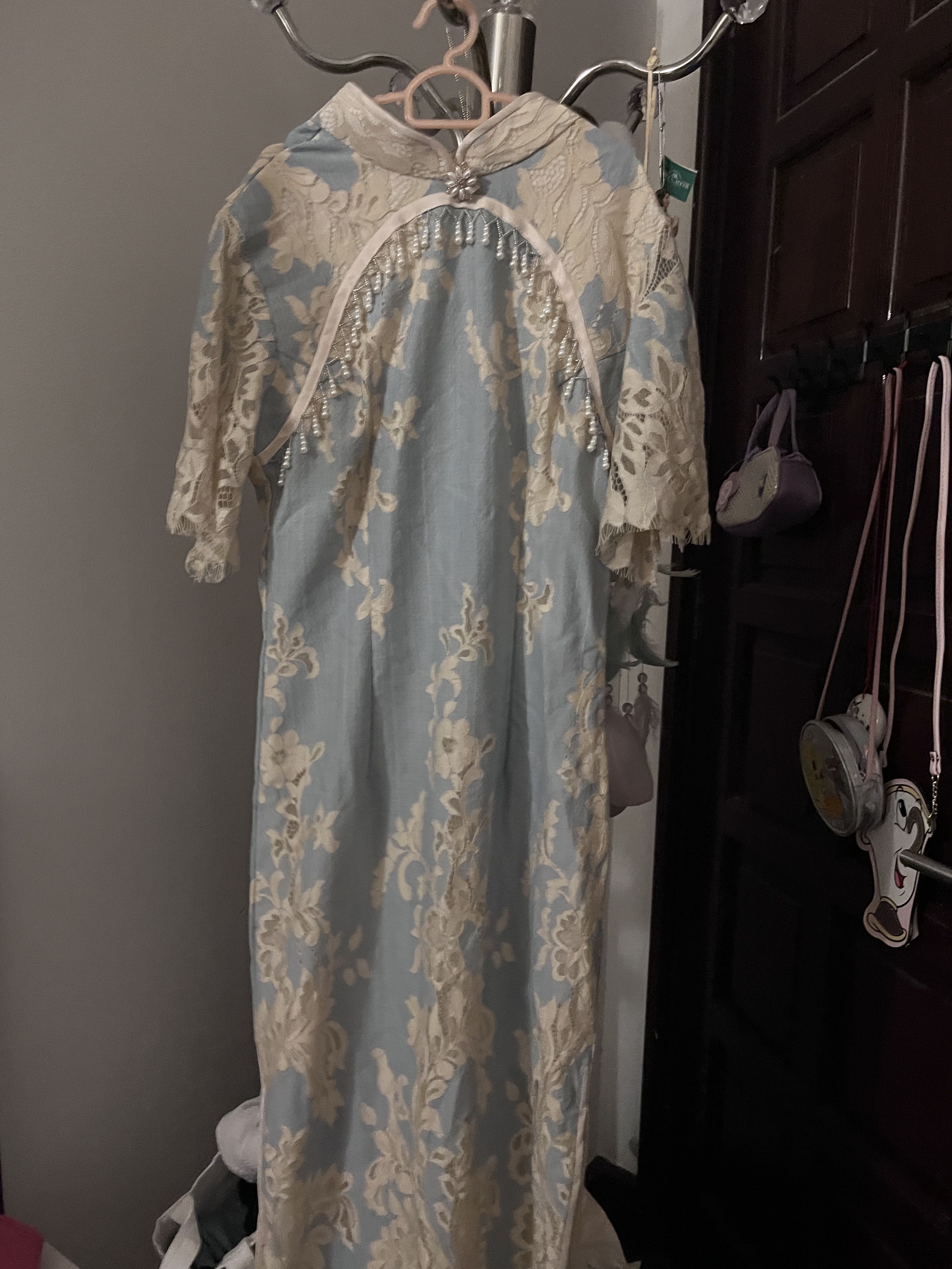 Cheongsam / qipao blue and cream beige with pearls and diamonds, Women ...