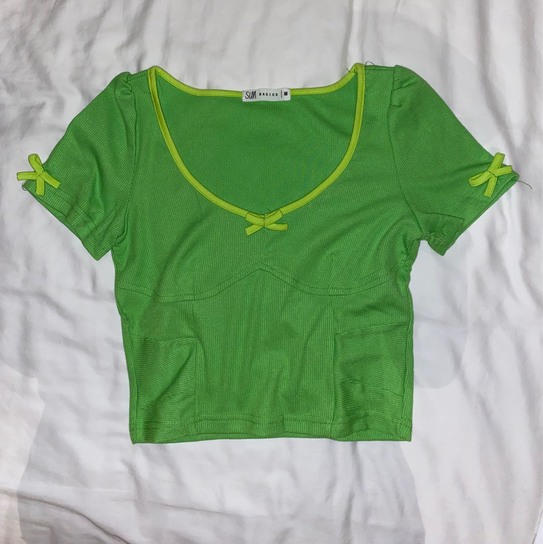 green y2k ribbon ribbed crop top, Women's Fashion, Tops, Shirts on ...