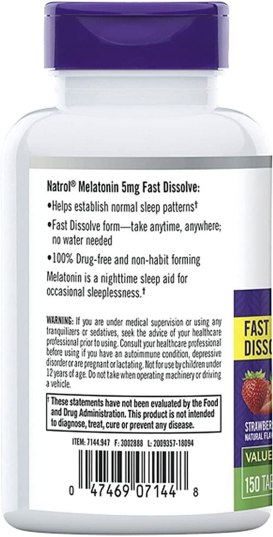 Natrol, Melatonin, Fast Dissolve, Extra Strength, Strawberry, 5 mg, 150 ...
