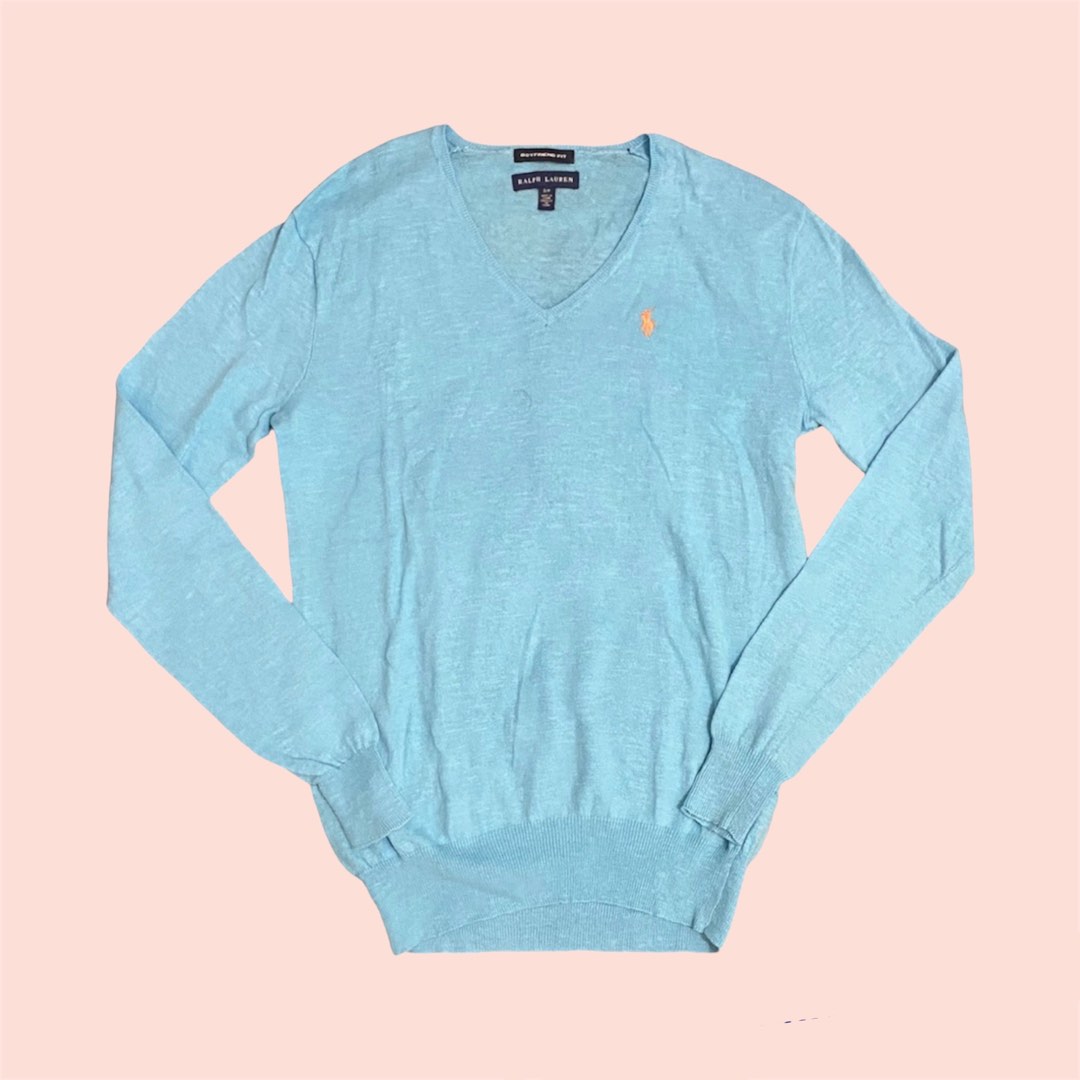 polo ralph lauren baby blue knit sweater, Fesyen Wanita, Pakaian Wanita, Atasan di Carousell