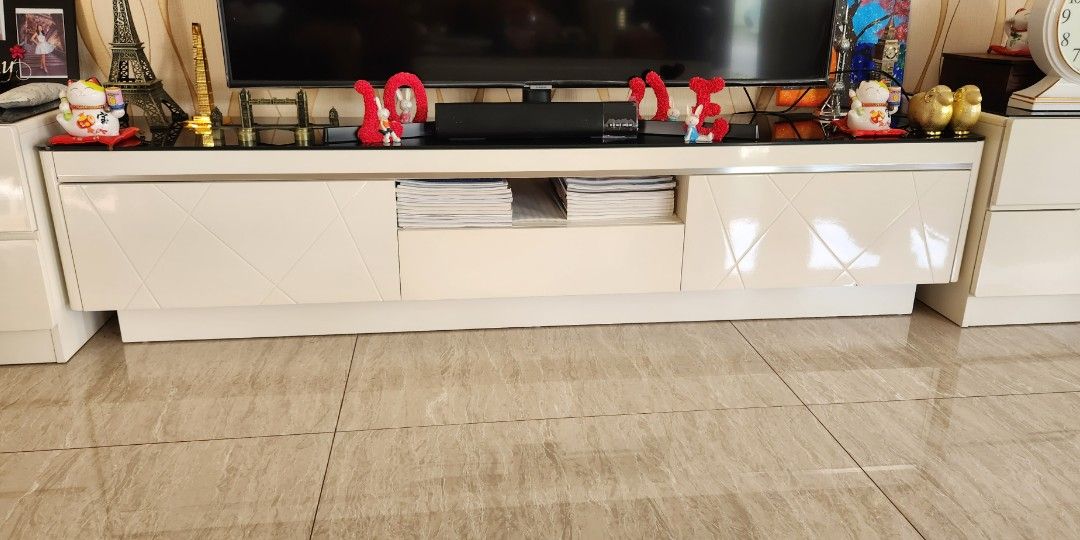 White TV console with black glass, Furniture & Home Living, Furniture ...