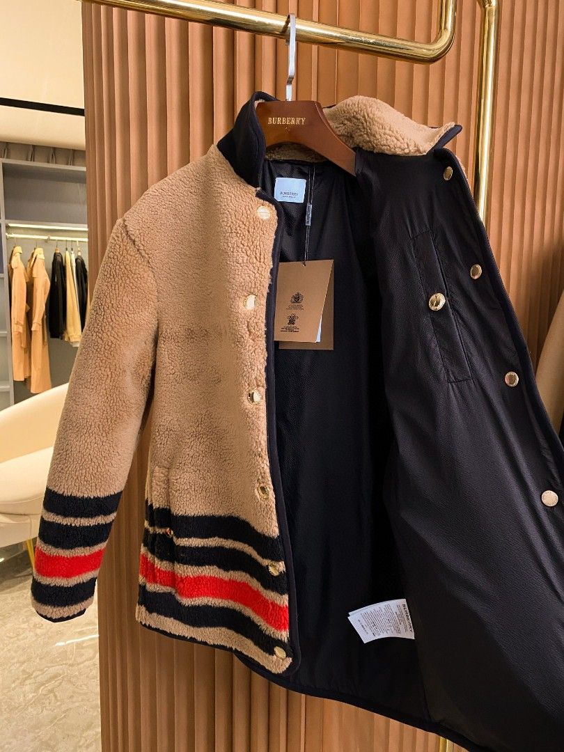 Authentic Burberry Striped Intarsia Fleece Teddy Bear Jacket, Women's ...