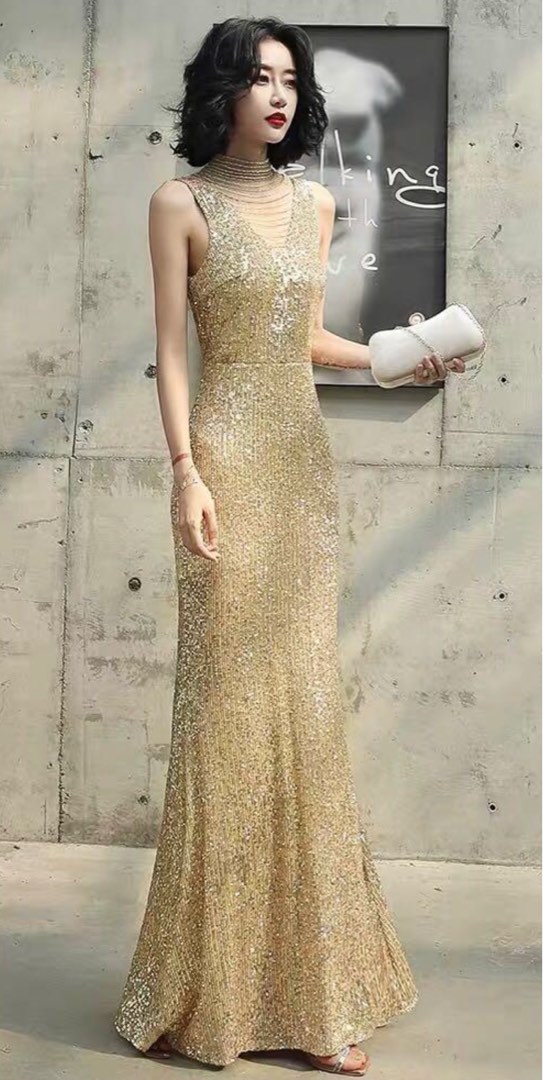 Champagne Gold Evening Dress, Women's Fashion, Dresses & Sets, Evening dresses & gowns on Carousell