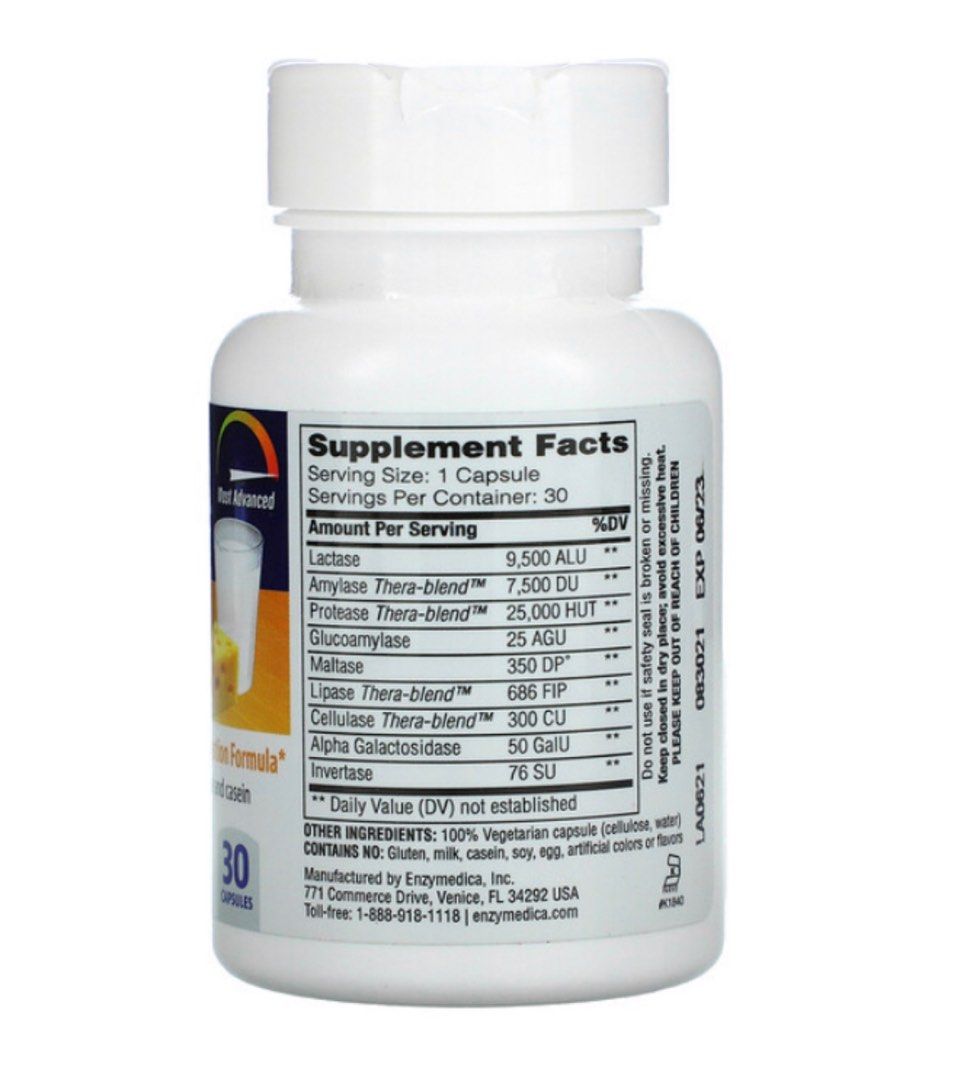 Enzymedica Lacto Most Advanced Dairy Digestion Formula 30 Capsules ...