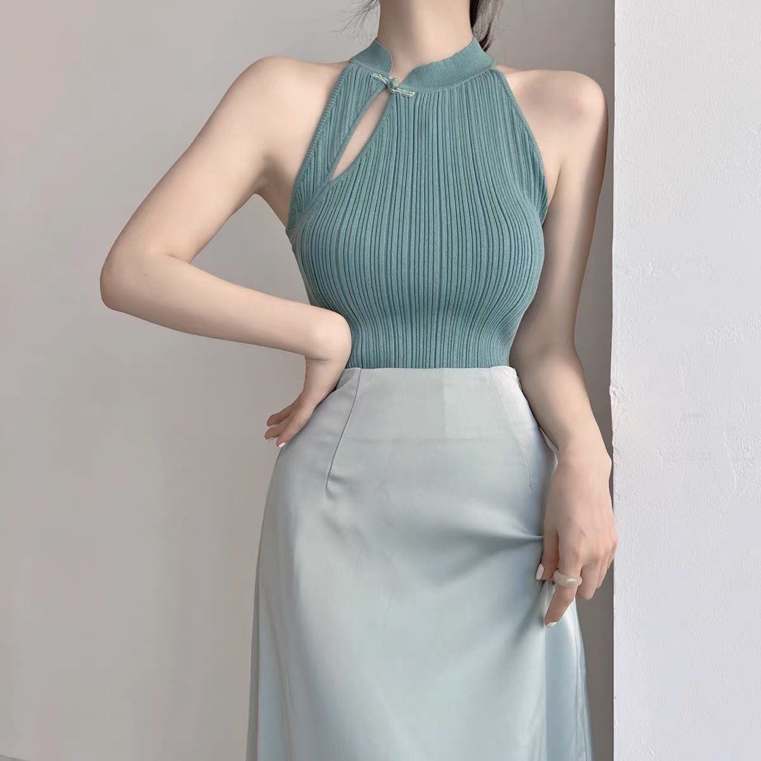Halterneck Cheongsam Top, Women's Fashion, Tops, Sleeveless on Carousell