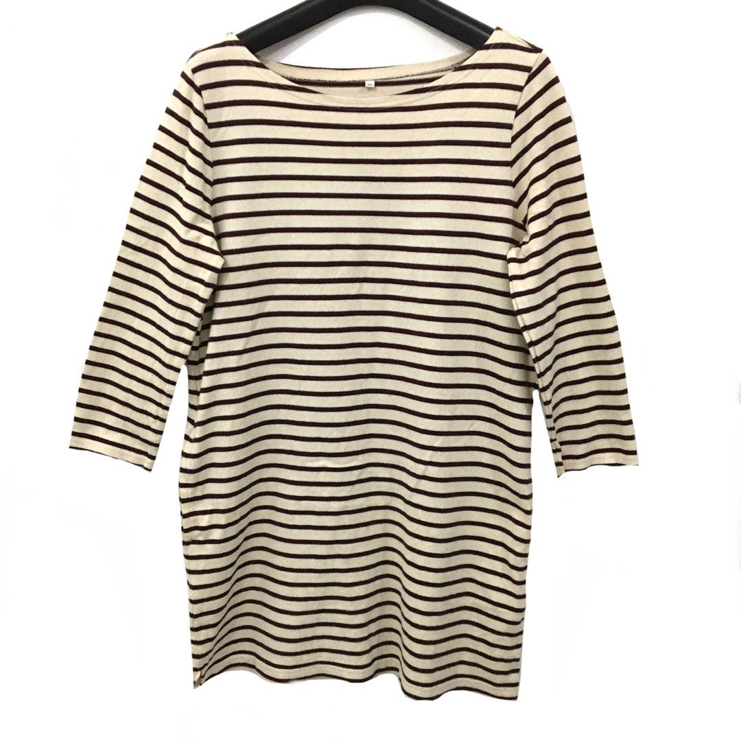 Muji Dark Brown Striped 100% Organic Cotton Minimalist Dress, Women's ...