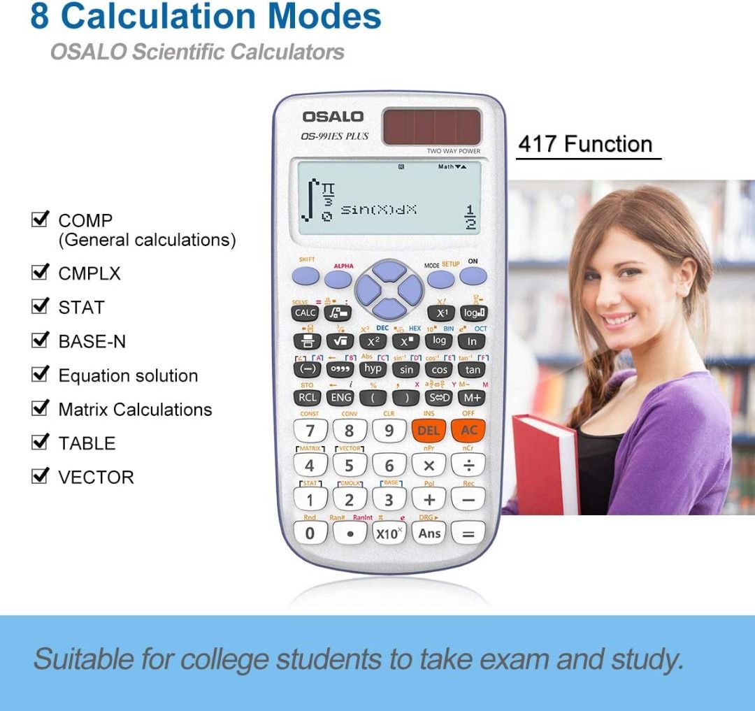 OSALO Scientific Calculator 417 Function 2 Line 10+2 Digits Written Display Solar Scientific ...