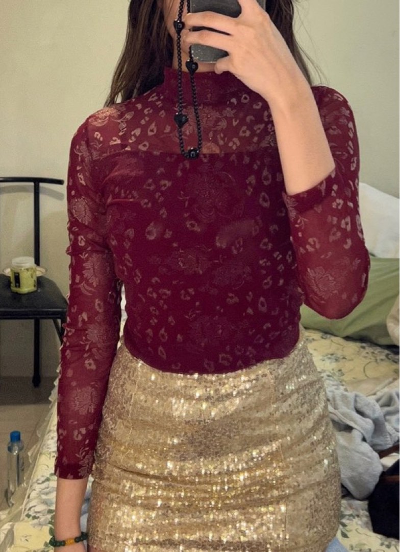 Red see through mesh top, Women's Fashion, Tops, Longsleeves on Carousell