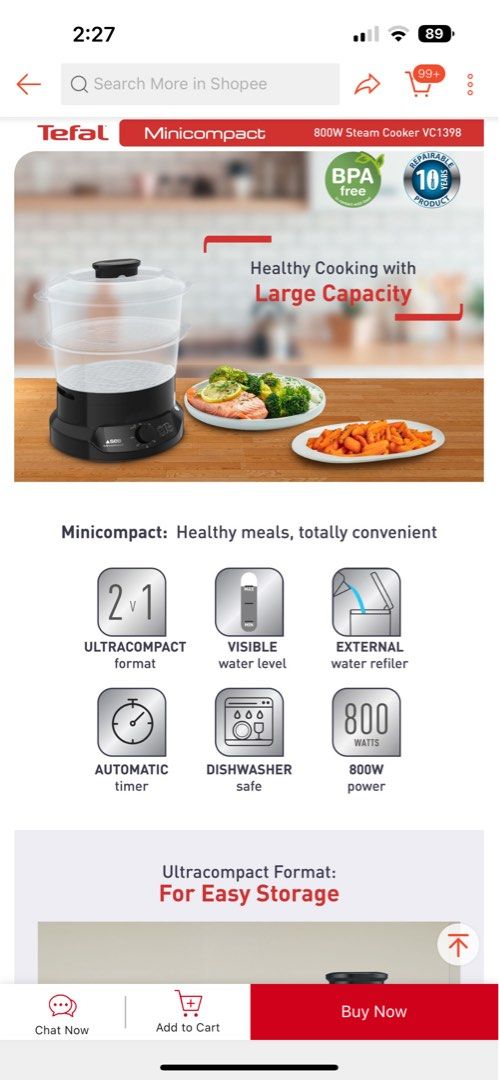 Tefal Mini Compact Steamer 2 Tier 6L VC1398, TV & Home Appliances ...