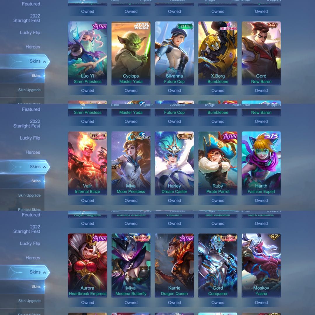 355 Skins|All shop legends|5Col|Heavily Stacked Mobile Legends/Ml/Mlbb ...