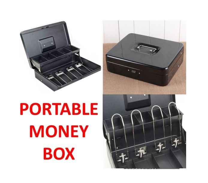 Black Metal Petty Cash Case Safe Money Box Drawer POS Cashier Box ...