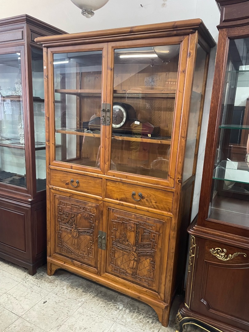 Classic Chinese Style Display Cabinet with Scenic Carving & Adjustable ...