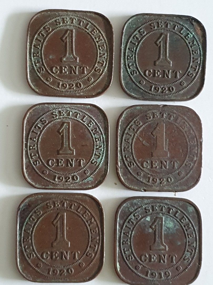 RARE KING GEORGE V STRAITS SETTLEMENTS 1 CENT 1919 & 1920 x 6 PIECES ...