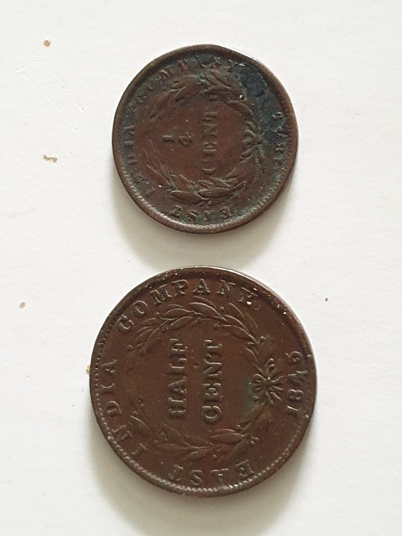 RARE QUEEN VICTORIA EAST INDIA/ STRAITS SETTLEMENTS 1/2 CENT 1845 & 1/4 ...