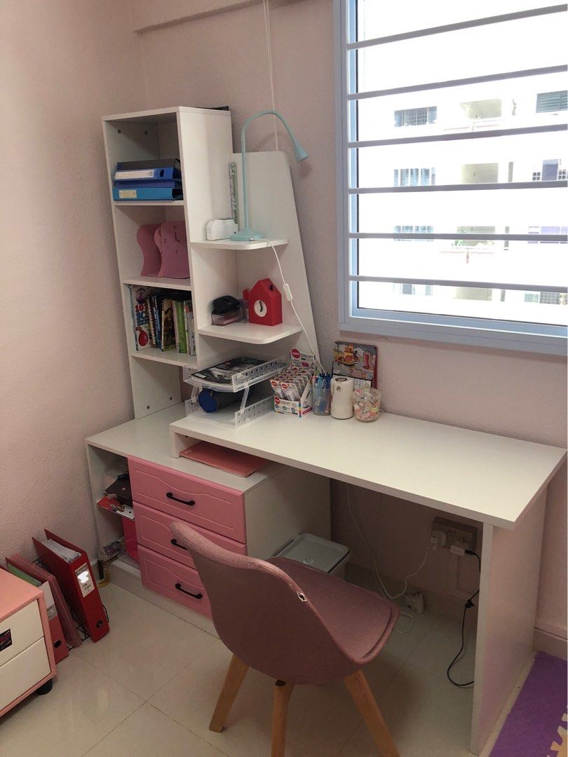 White & pink study table with book shelf & drawers, Furniture & Home Living, Furniture, Tables ...