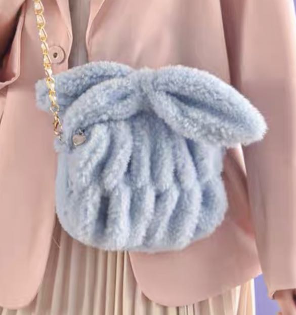 Blue Furry Pouch Bag Ribbon Sling Crossbody, Women's Fashion, Bags ...