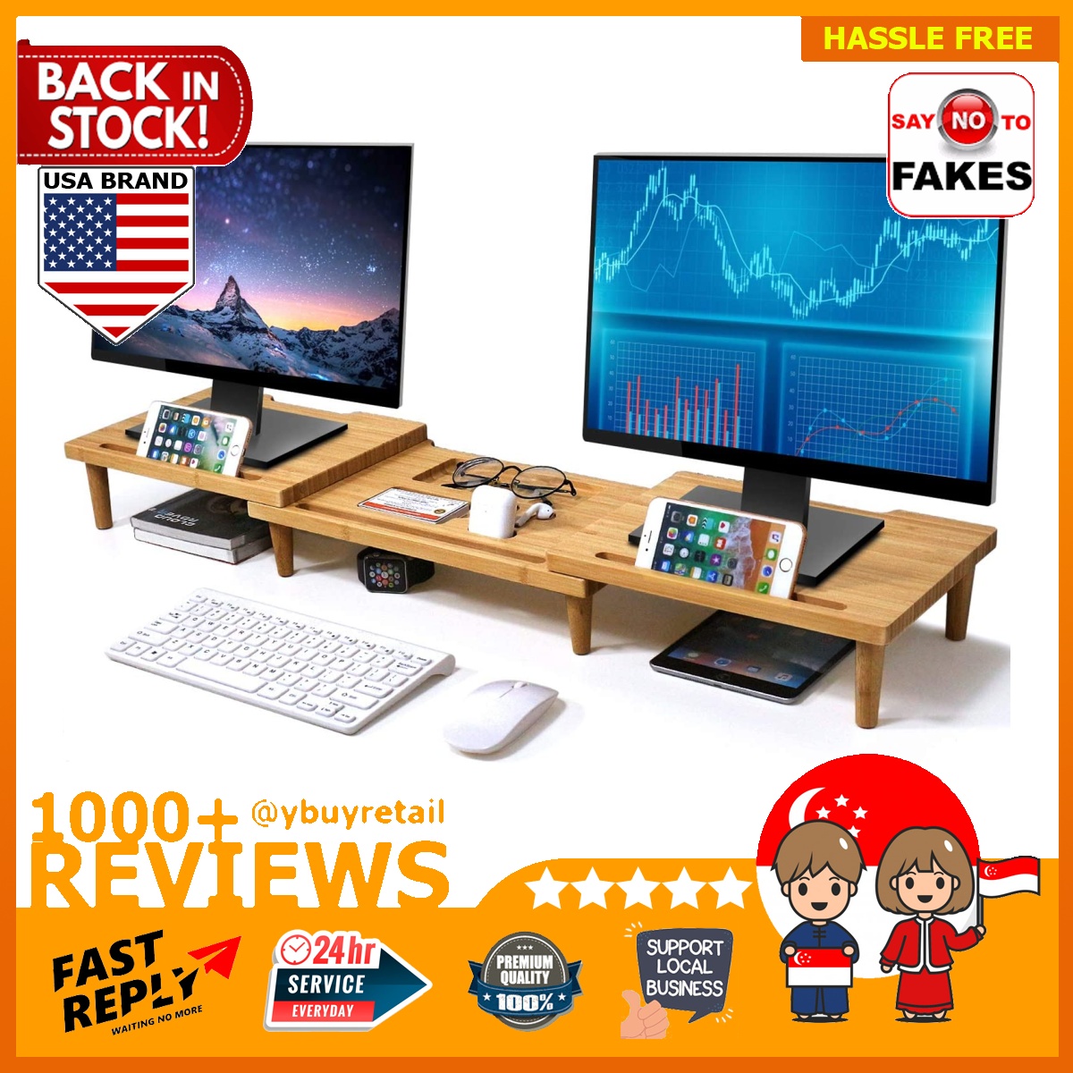 [BML] Pezin Bamboo Dual Monitor Stand Riser for Desk Organizer ...