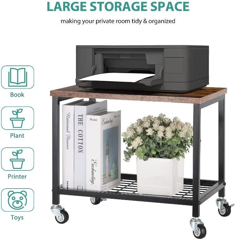 [BML] Under-Desk Printer Stand, Printer Cart with 2 Tier Wood Storage ...