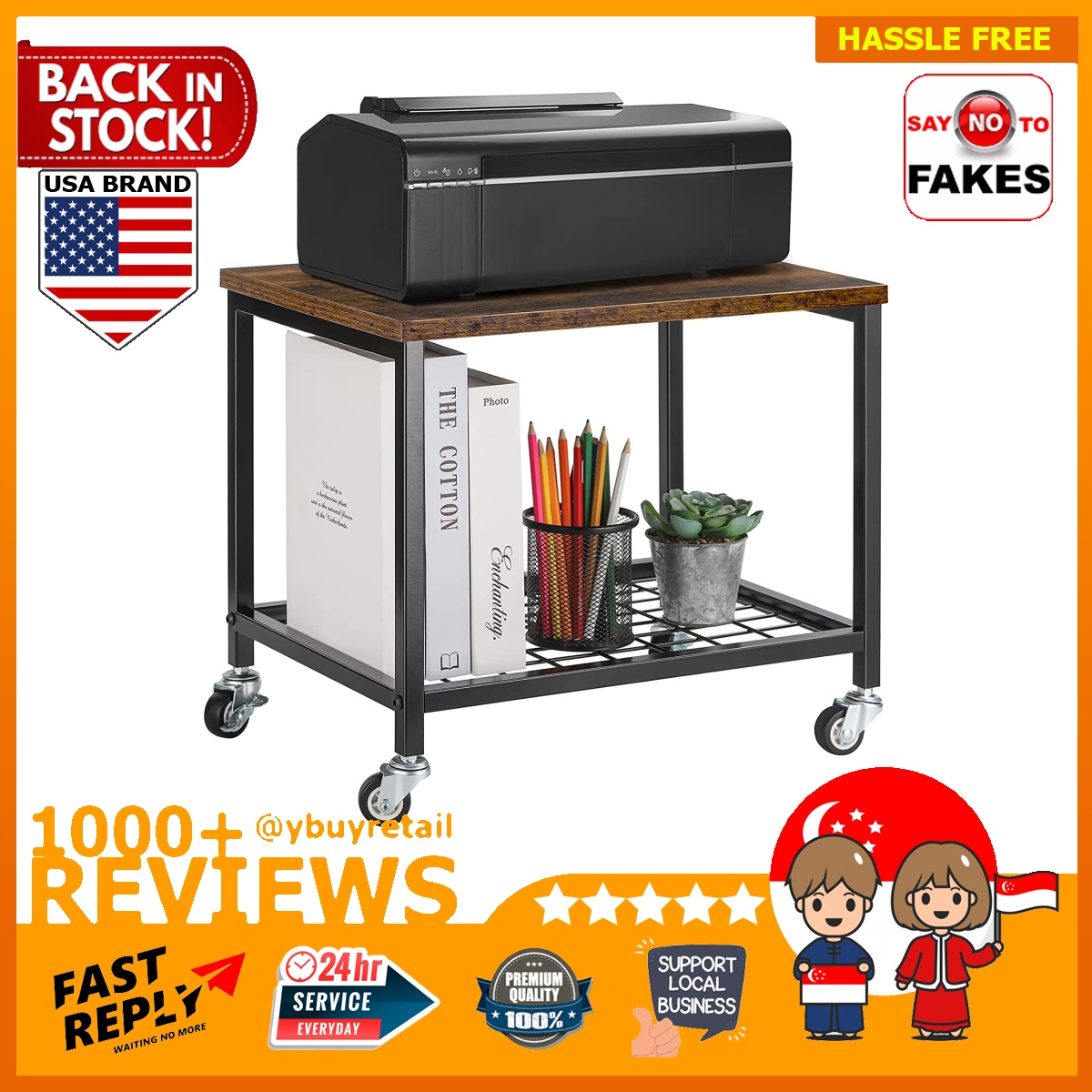 [BML] Under-Desk Printer Stand, Printer Cart with 2 Tier Wood Storage ...