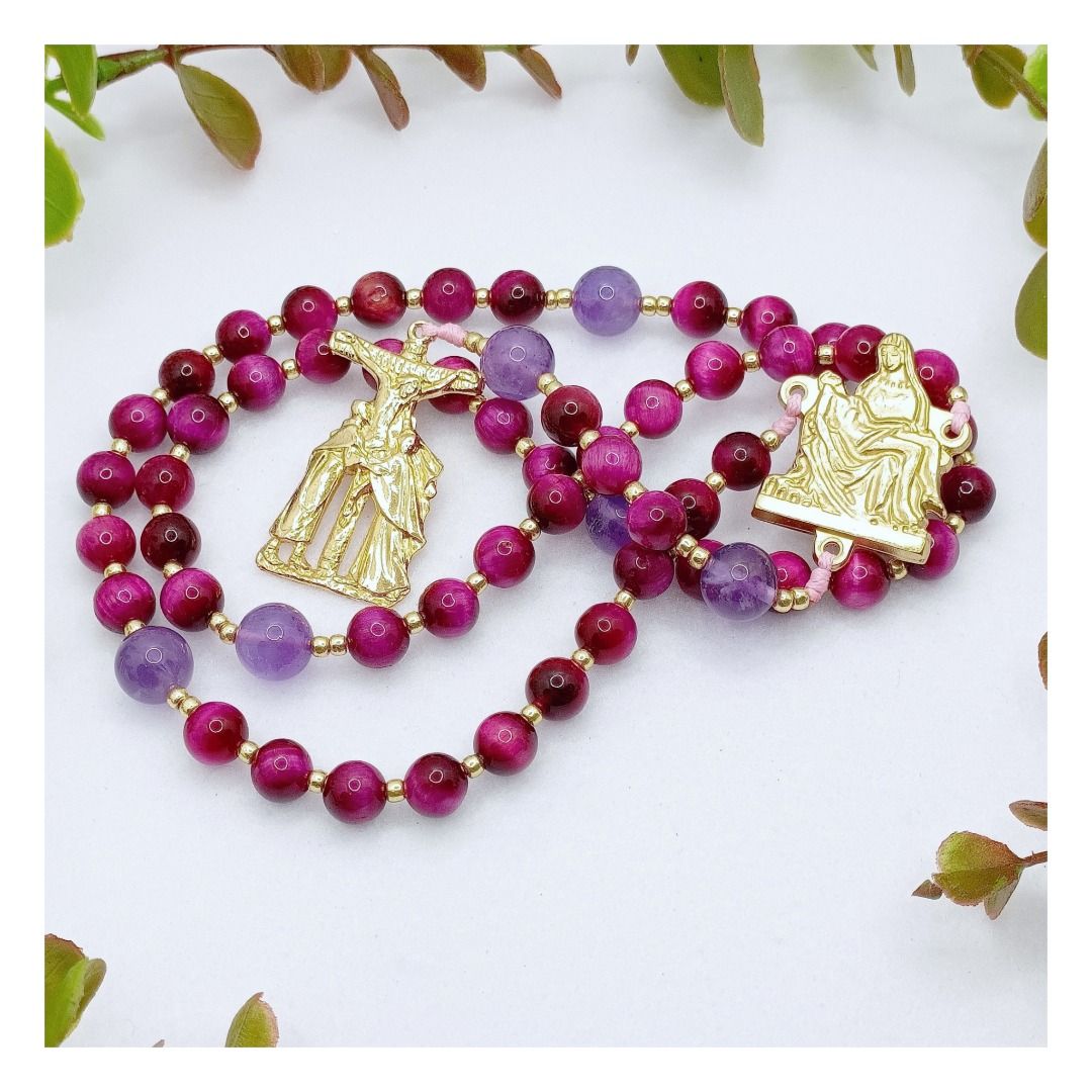 Pieta Gold Rosary, Rose Red Tiger Eye, Purple Amethyst, Station of the ...