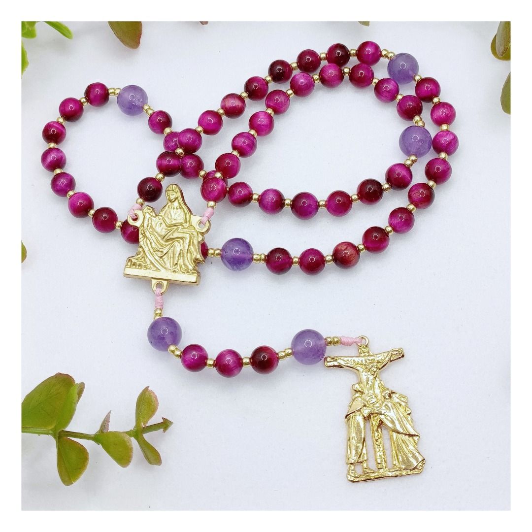 Pieta Gold Rosary, Rose Red Tiger Eye, Purple Amethyst, Station of the ...