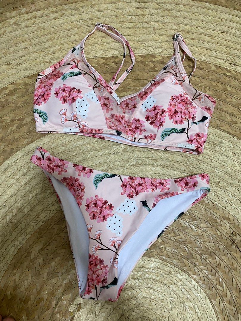 Pink floral mesh bikini, Women's Fashion, Swimwear, Bikinis & Swimsuits ...