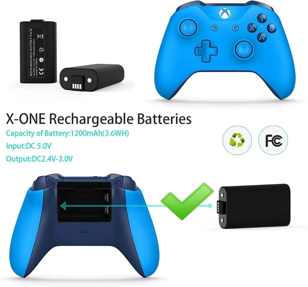 2 Pack 1200mAh Xbox One Rechargeable Battery Pack with LED/5ft Micro ...