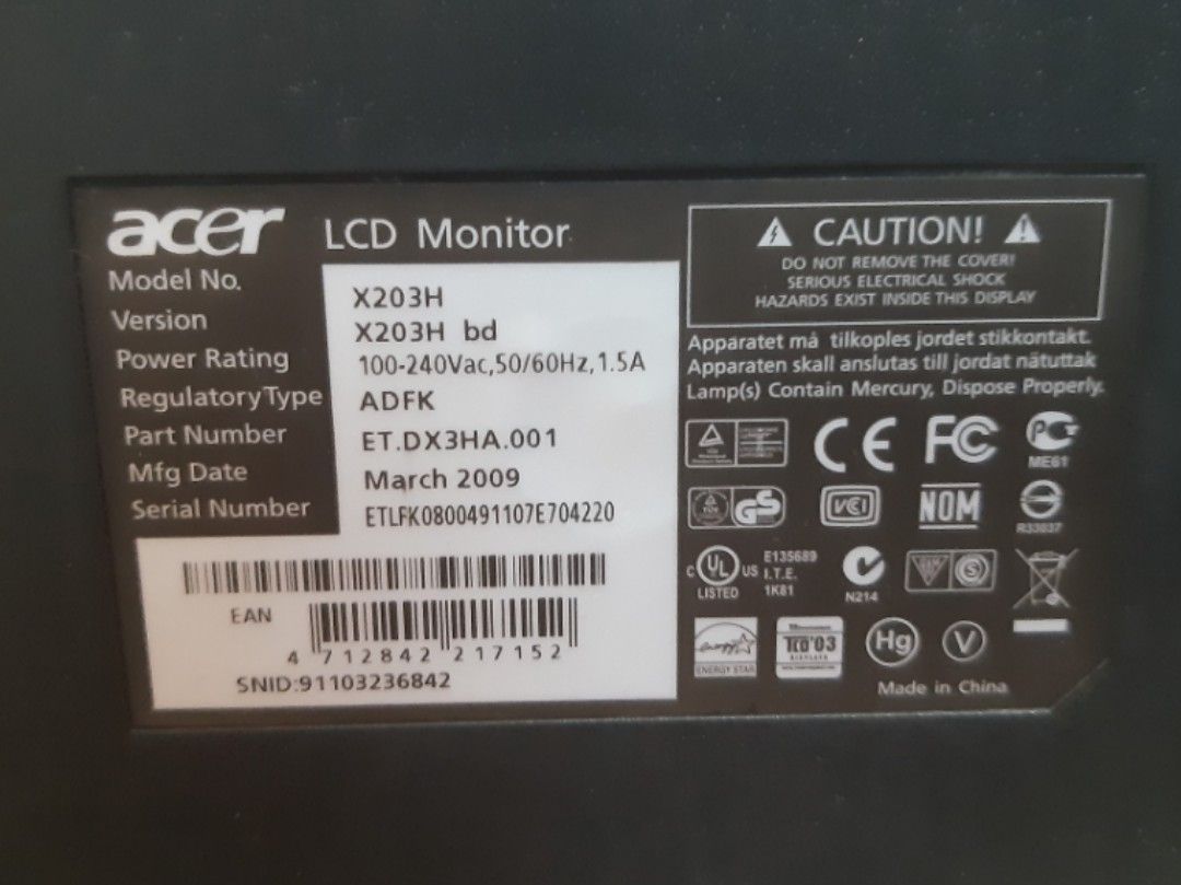 Acer X203H 20-inch LCD Monitor, Computers & Tech, Parts & Accessories ...