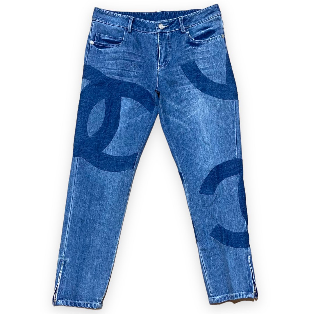 Chanel Logo Denim Pants, Luxury, Apparel on Carousell