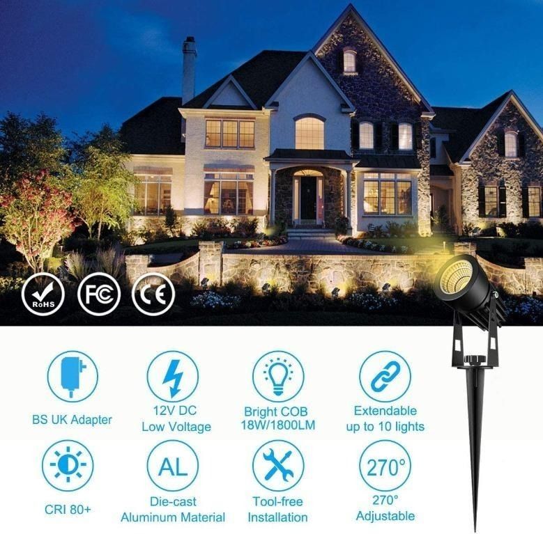 ECOWHO Garden Lights Mains BS Plug Extendable Outdoor Spotlights 21m ...