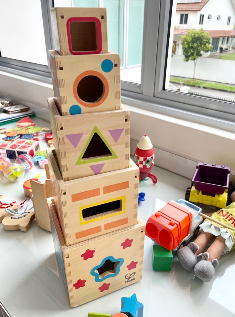 HABA stacking tower wood shapes alphabet numbers, Babies & Kids, Infant ...