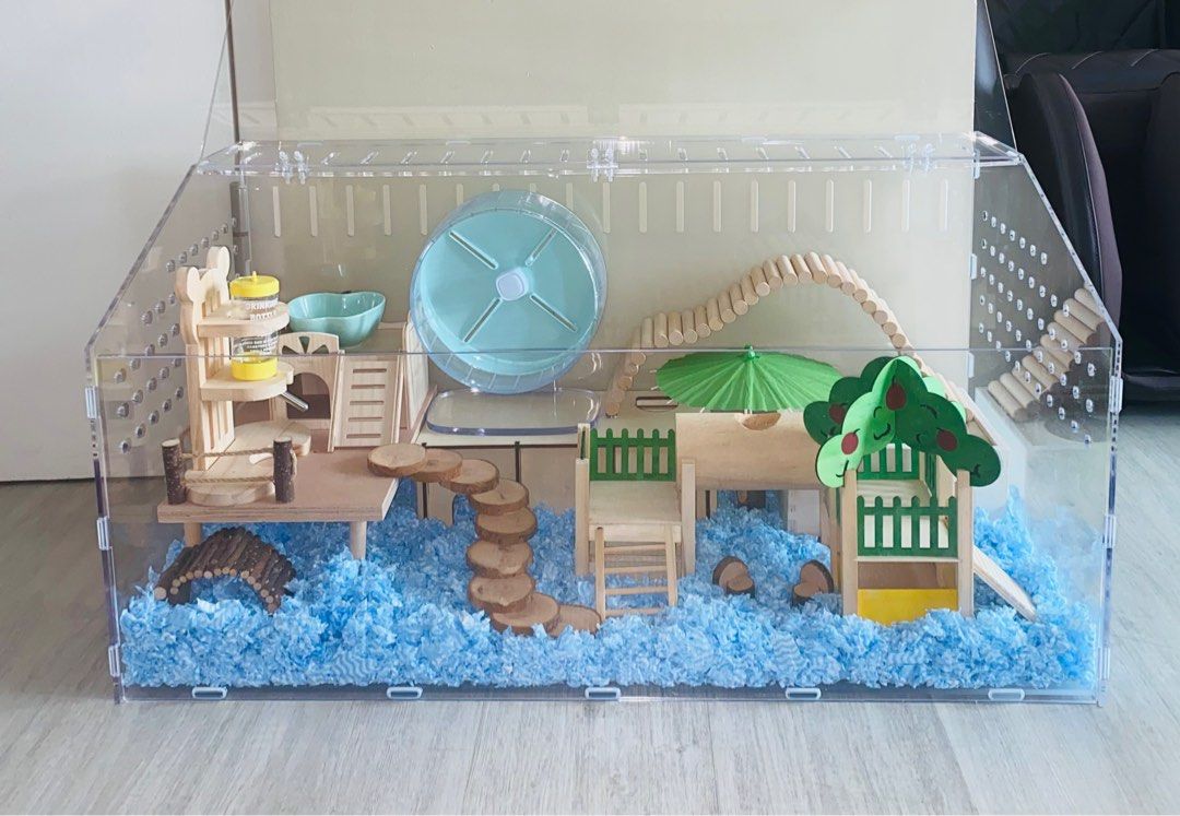 Hamster acrylic cage 80cm 100cm cage wooden accessories setup ideas ...
