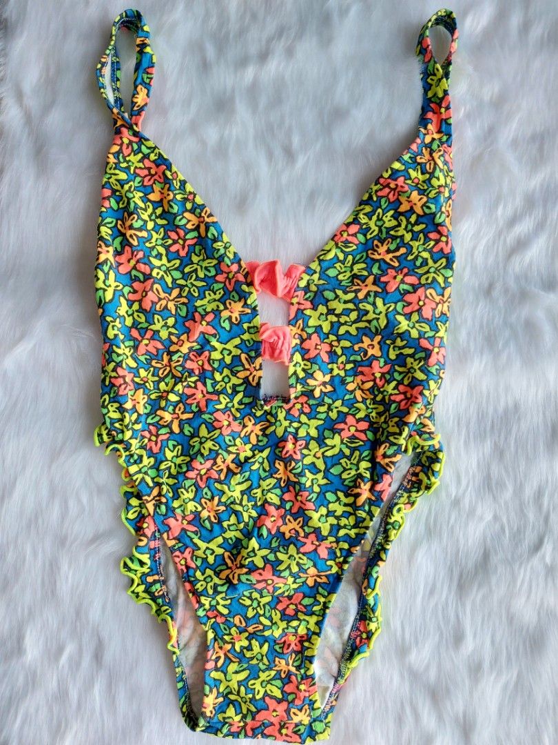 Neon flowers one piece swimsuit on Carousell