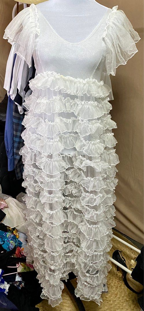 Seethrough White Ruffled Long Gown, Women's Fashion, Dresses & Sets ...