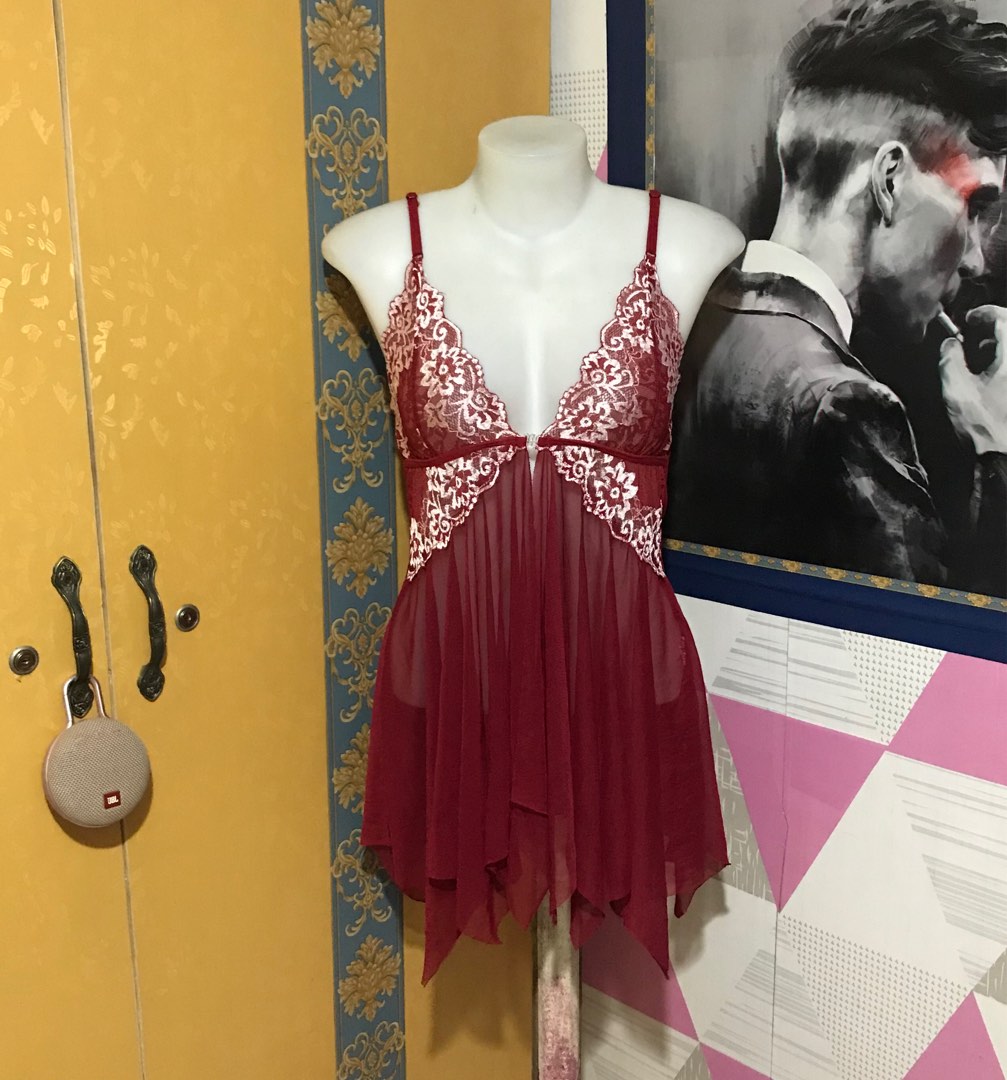 Sexy Mesh Burgundy Nightie Lingerie, Women's Fashion, Undergarments ...