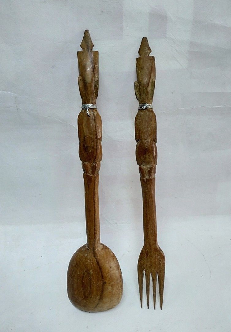 Vintage Hand Carved Wooden Tiki Spoon and Fork Decor Set 1960's ...