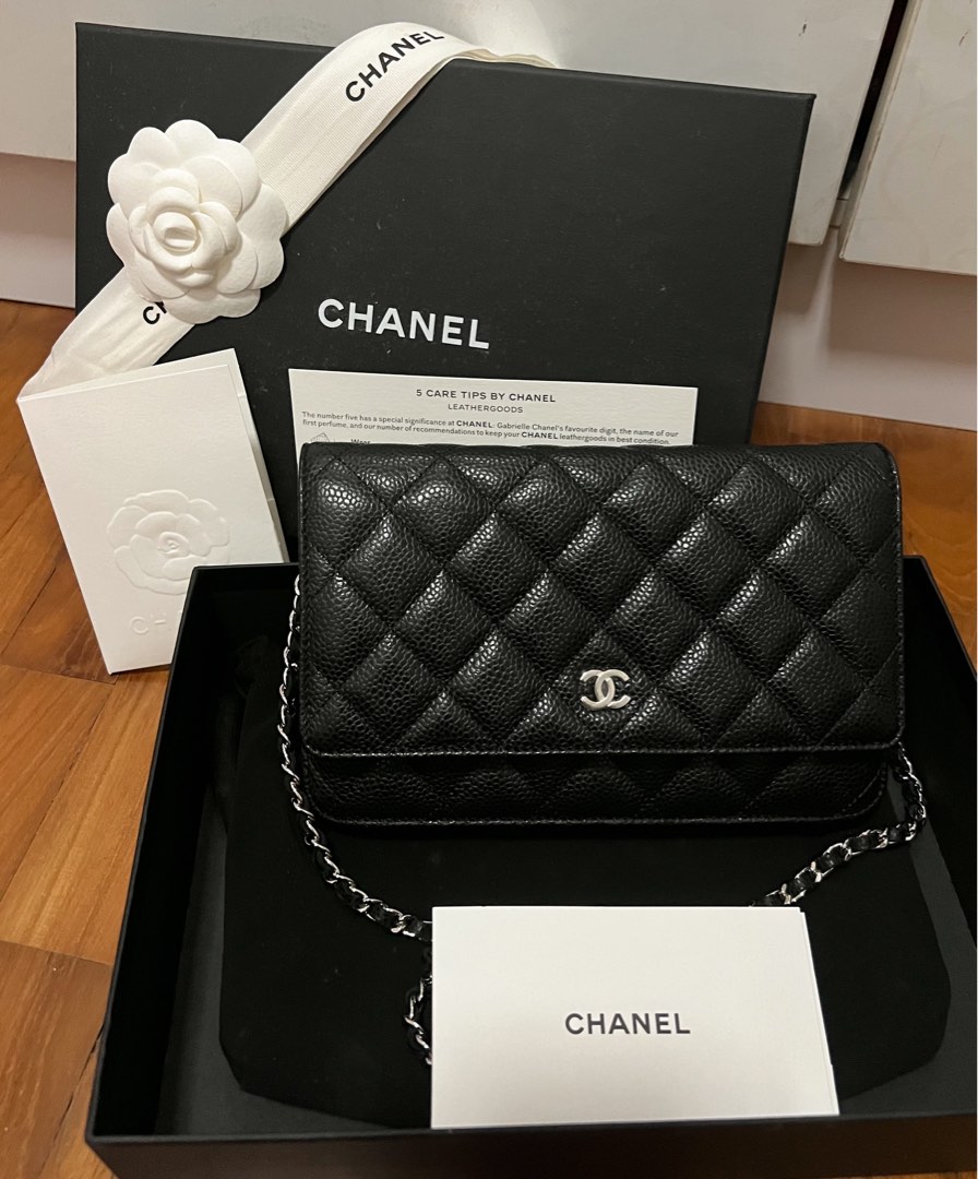 Chanel classic wallet on chain WOC silver hardware black caviar leather ...