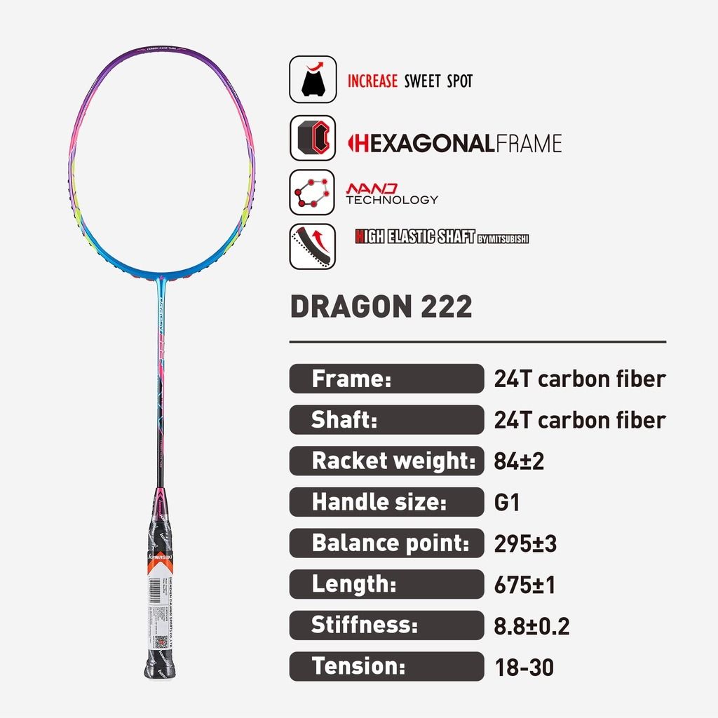 Kawasaki Badminton Racket DRAGON 222/232 100% CARBON FIBER WITH STRUNG ...