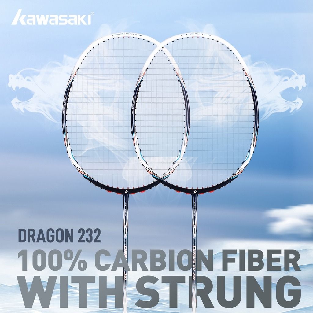 Kawasaki Badminton Racket DRAGON 222/232 100% CARBON FIBER WITH STRUNG ...